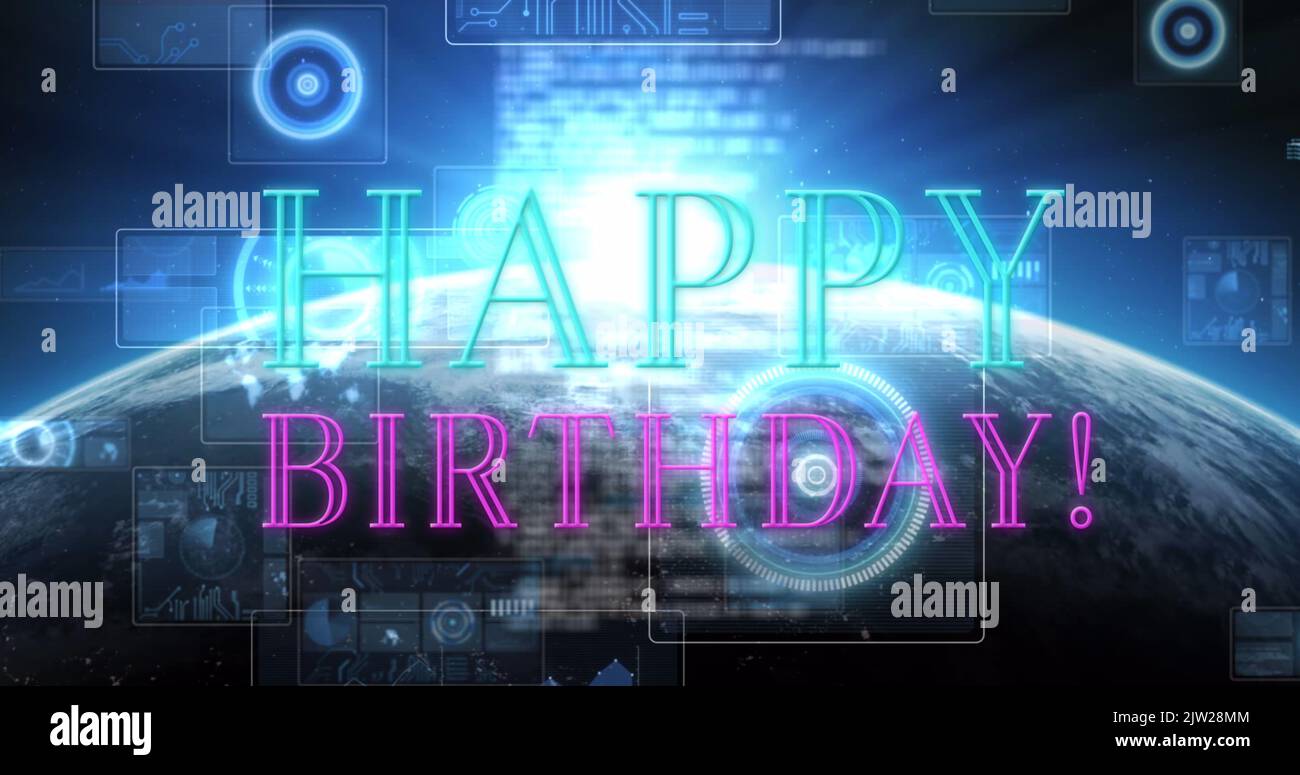 Image of happy birthday text and data processing with globe on black ...