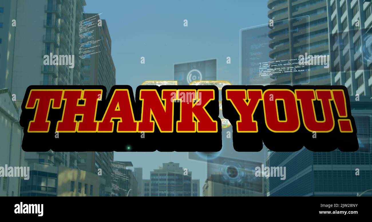 Image of thank you text and data processing over cityscape Stock Photo ...