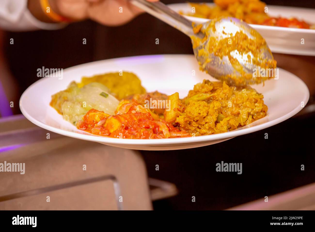 Serving freshly homemade curry of pumpkin, cauliflower and chayote ...