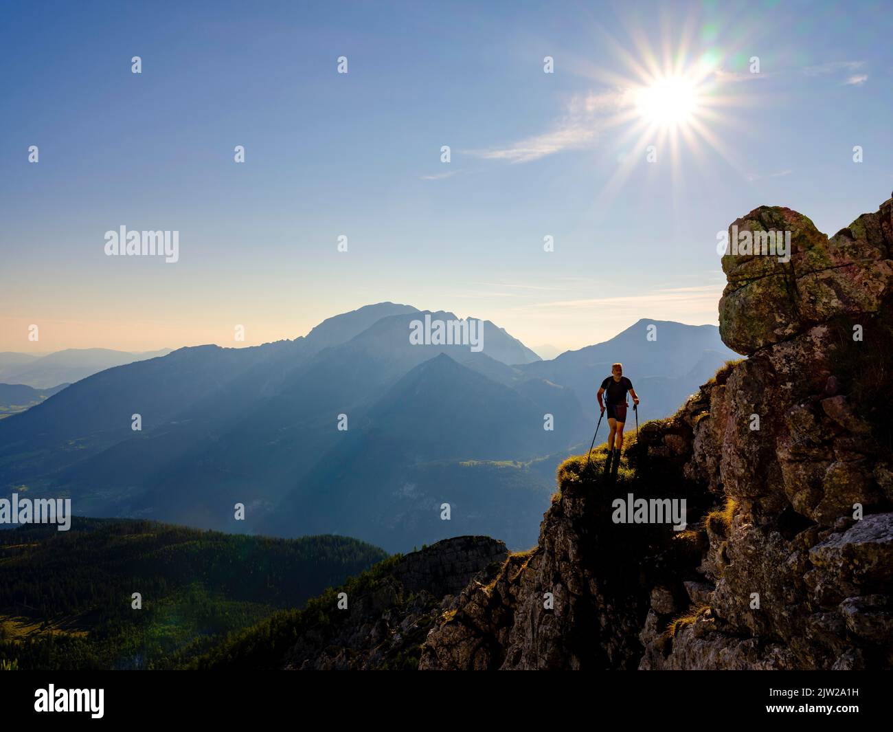 Mountaineers climbing the small Watzmann, Berchtesgaden Alps, behind ...