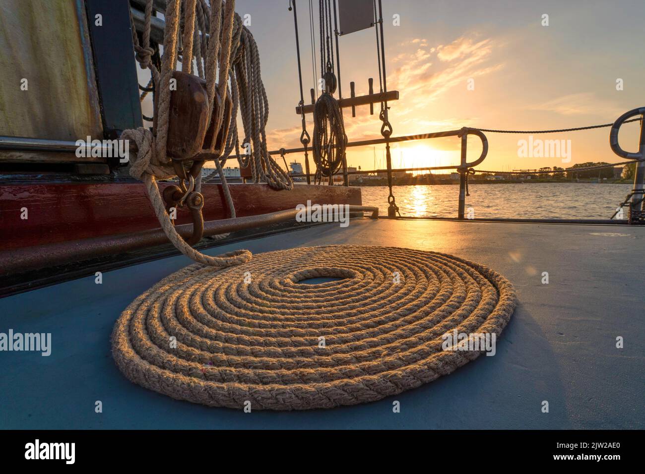 Rope snail on historic sailing ship at sunset. Ijsselmeer, Netherlands ...