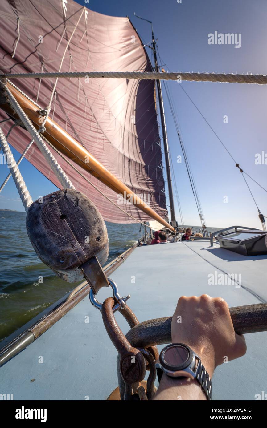 Historic sailing ship with red sails, Ijsselmeer, Netherlands Stock ...