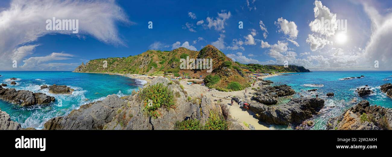 360 panorama on the sandy beach Capo Vaticano and bay with turquoise ...