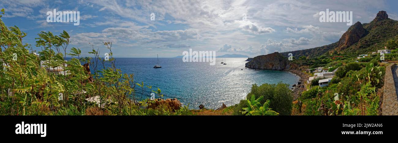 Panoramic view of Isola di Basiluzzo and Vulcano with anchored sailing ...
