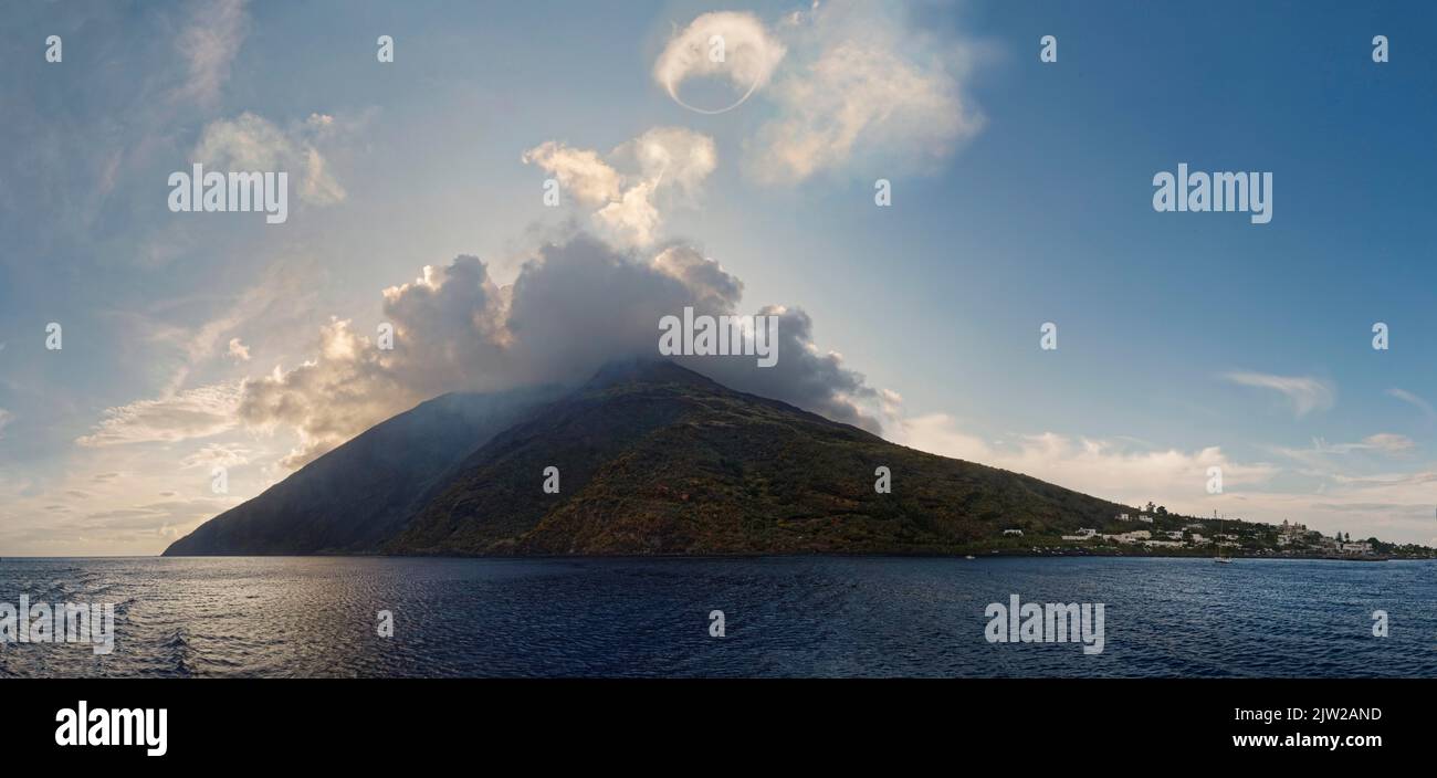 Stromboli volcano and island with the small fishing village of San ...