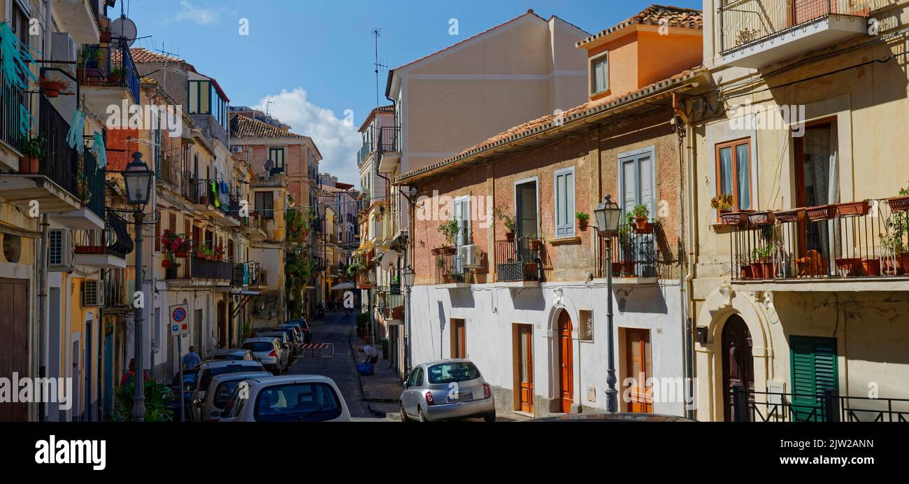 View of houses with old historic house facades in the town of Pizzo ...