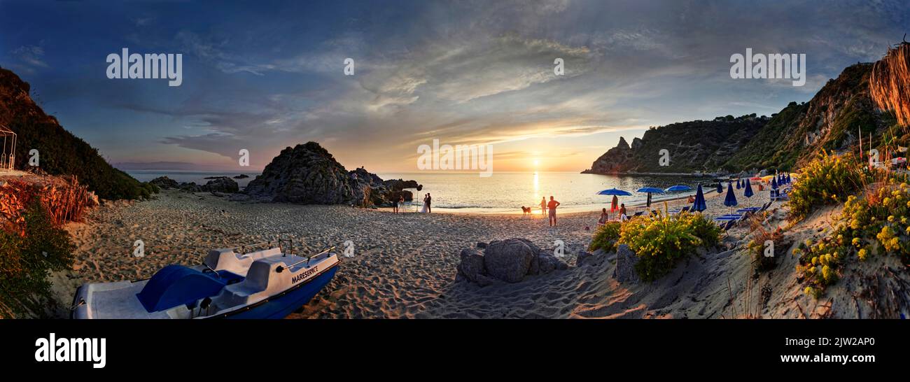Panorama on the sandy beach and bay Capo Vaticano at sunset, Capo ...