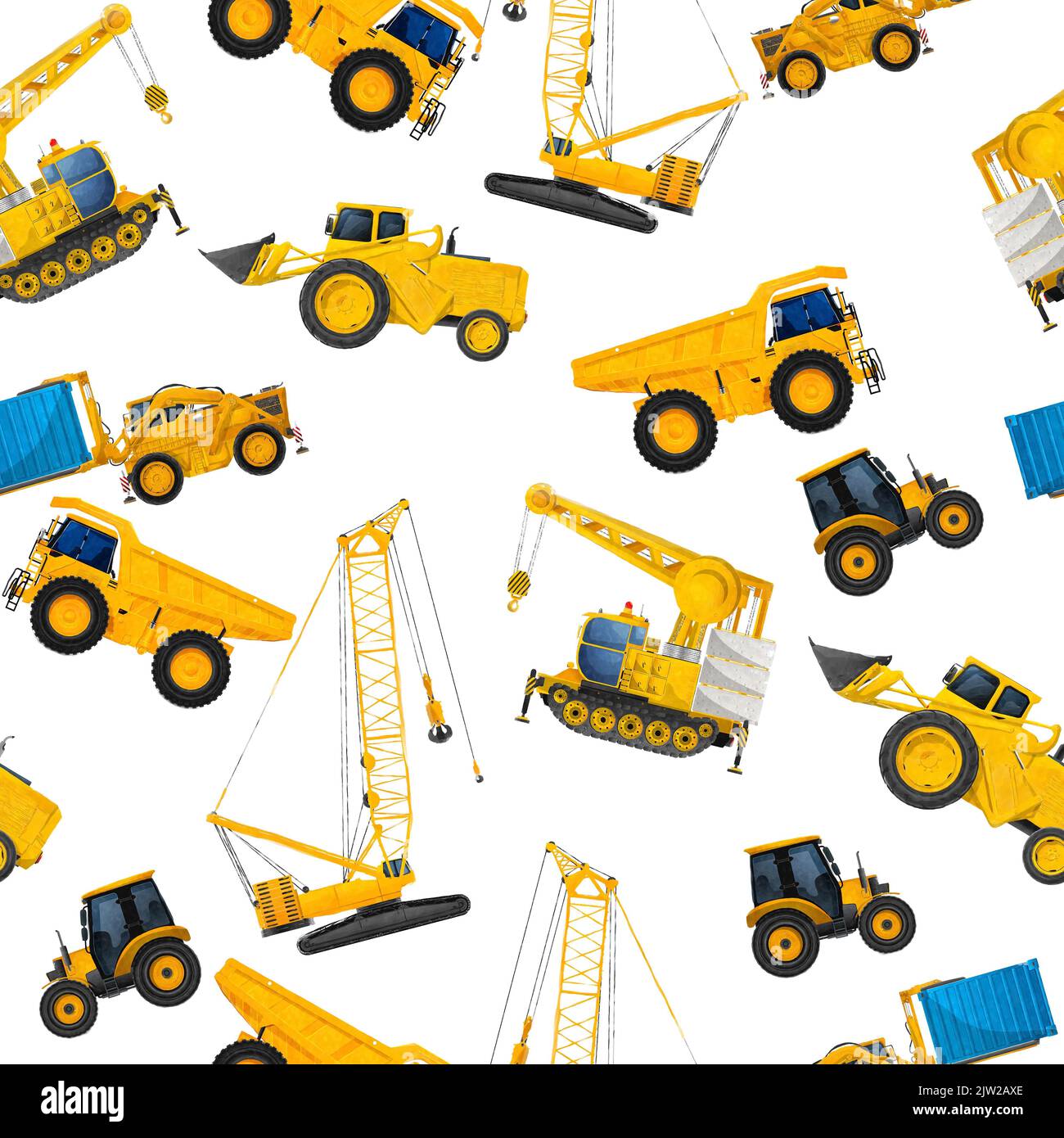 Watercolor seamless pattern with industrial heavy machinery on white ...