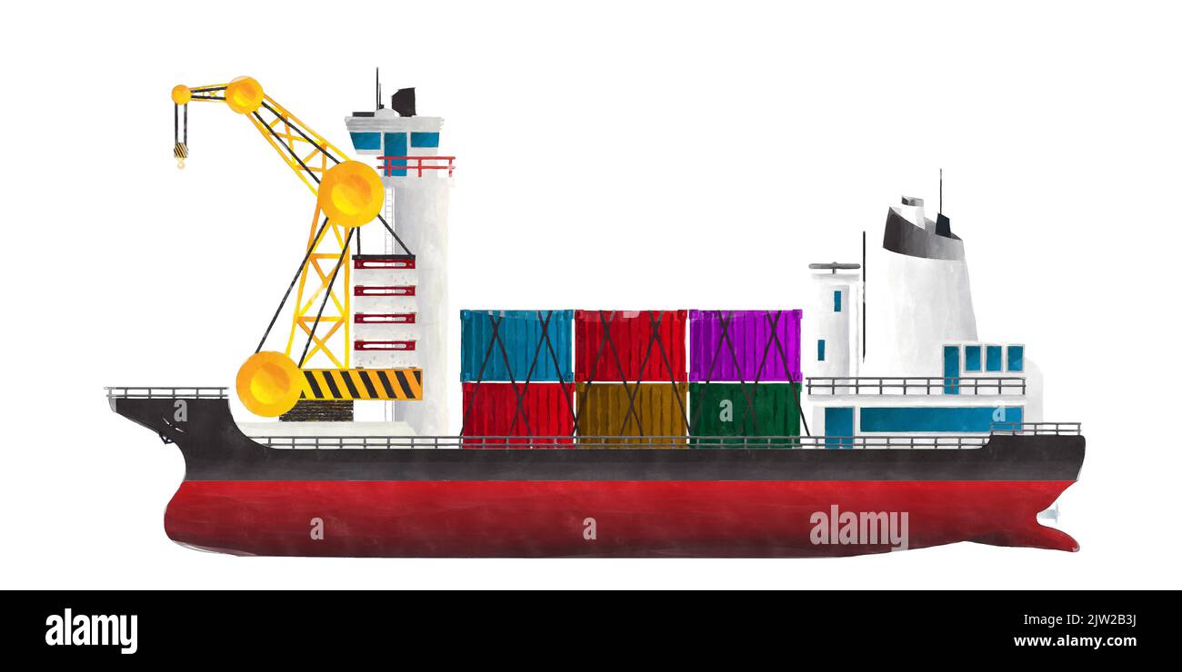 Watercolor style drawing of container ship against white background ...