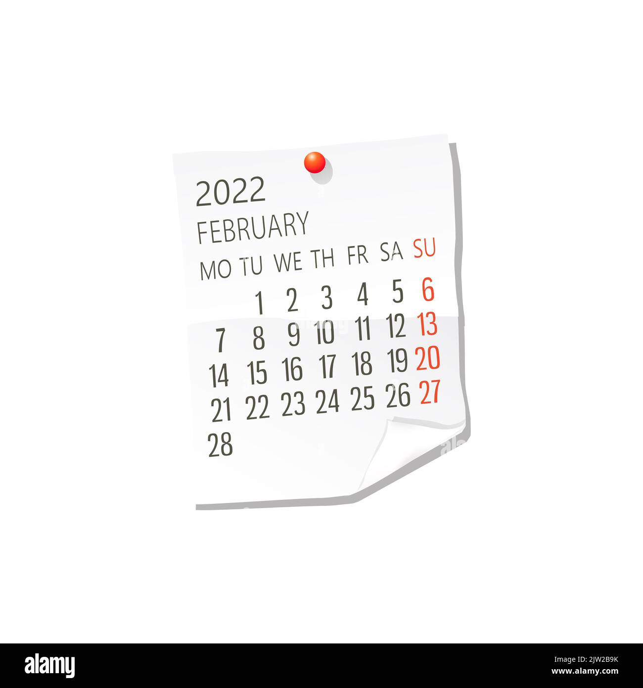 2022 Calendar on white paper, February. Editable vector over white ...