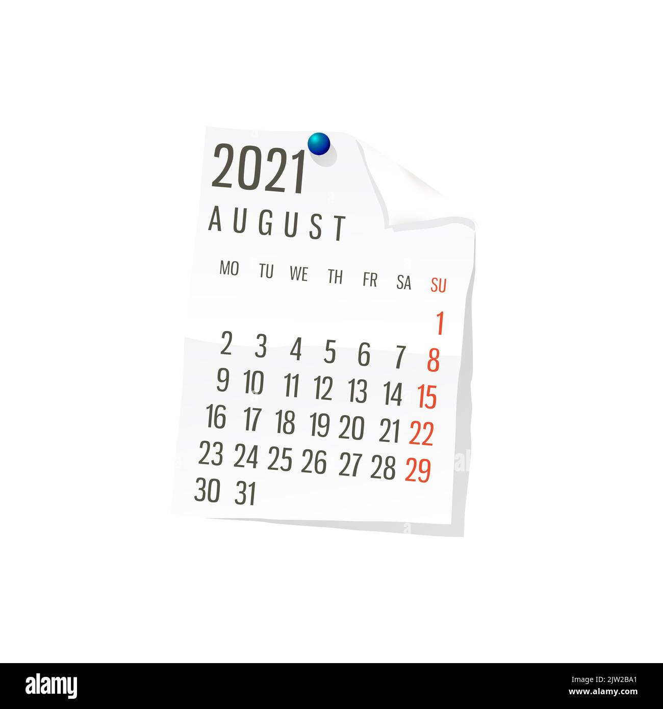 2021 Calendar on white paper, August. Editable vector over white ...
