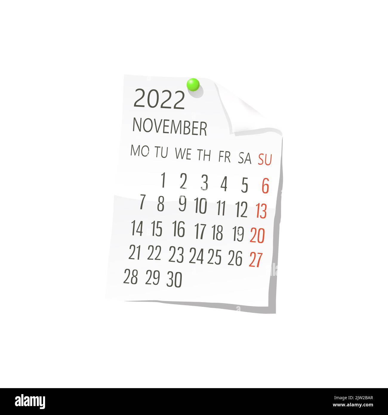 2022 Calendar on white paper, November. Editable vector over white ...