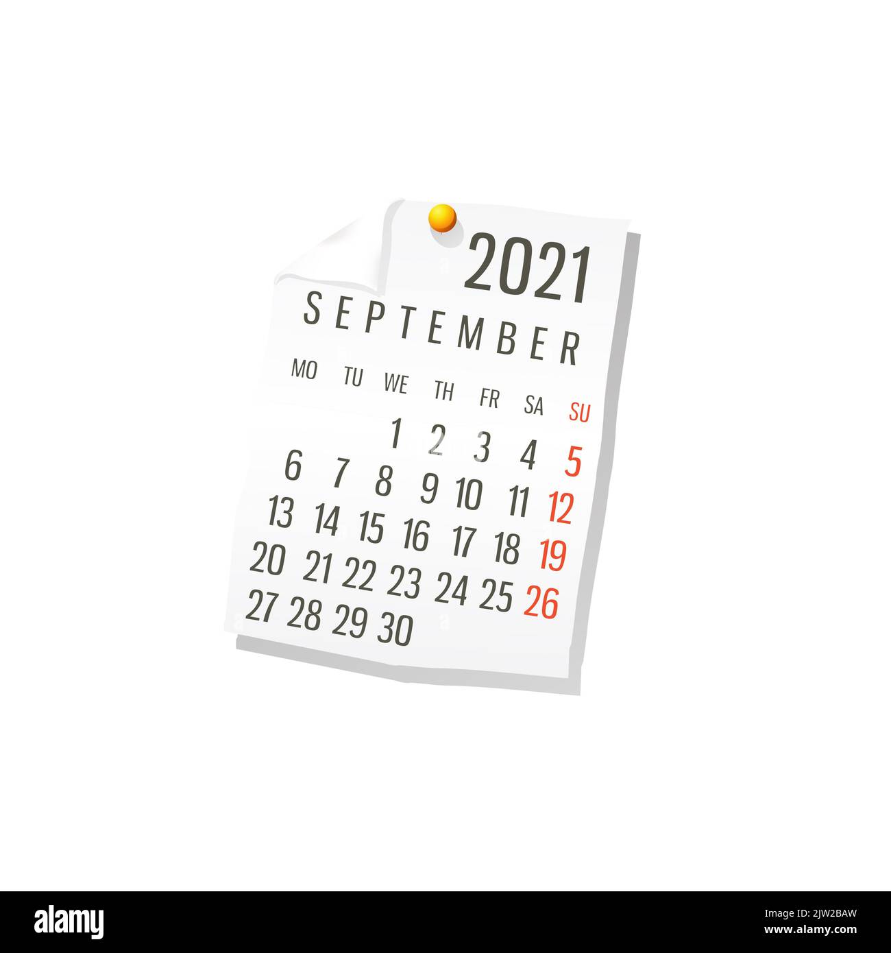 2021 Calendar on white paper, September. Editable vector over white ...
