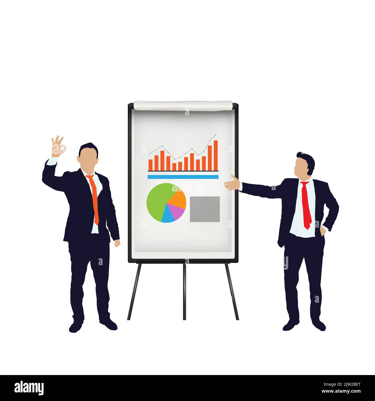 Business men in suits presenting growth on a flip chart, isolated and ...
