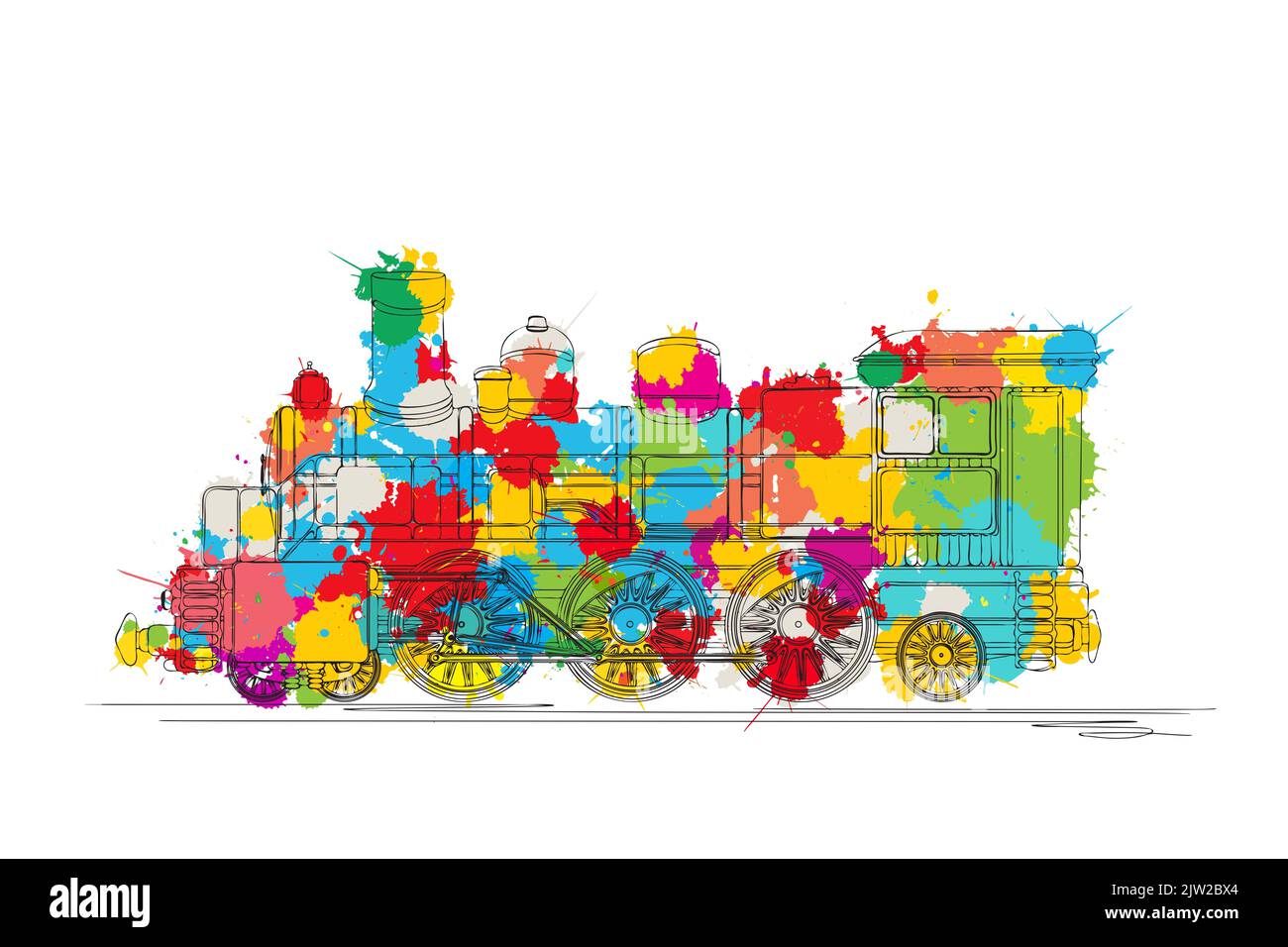 Steam locomotive sketch over colored spots Stock Photo - Alamy