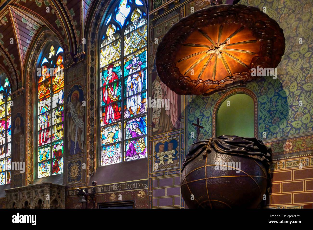 Holy Blood chapel, Central nave with Stained-glass window and pulpit of ...