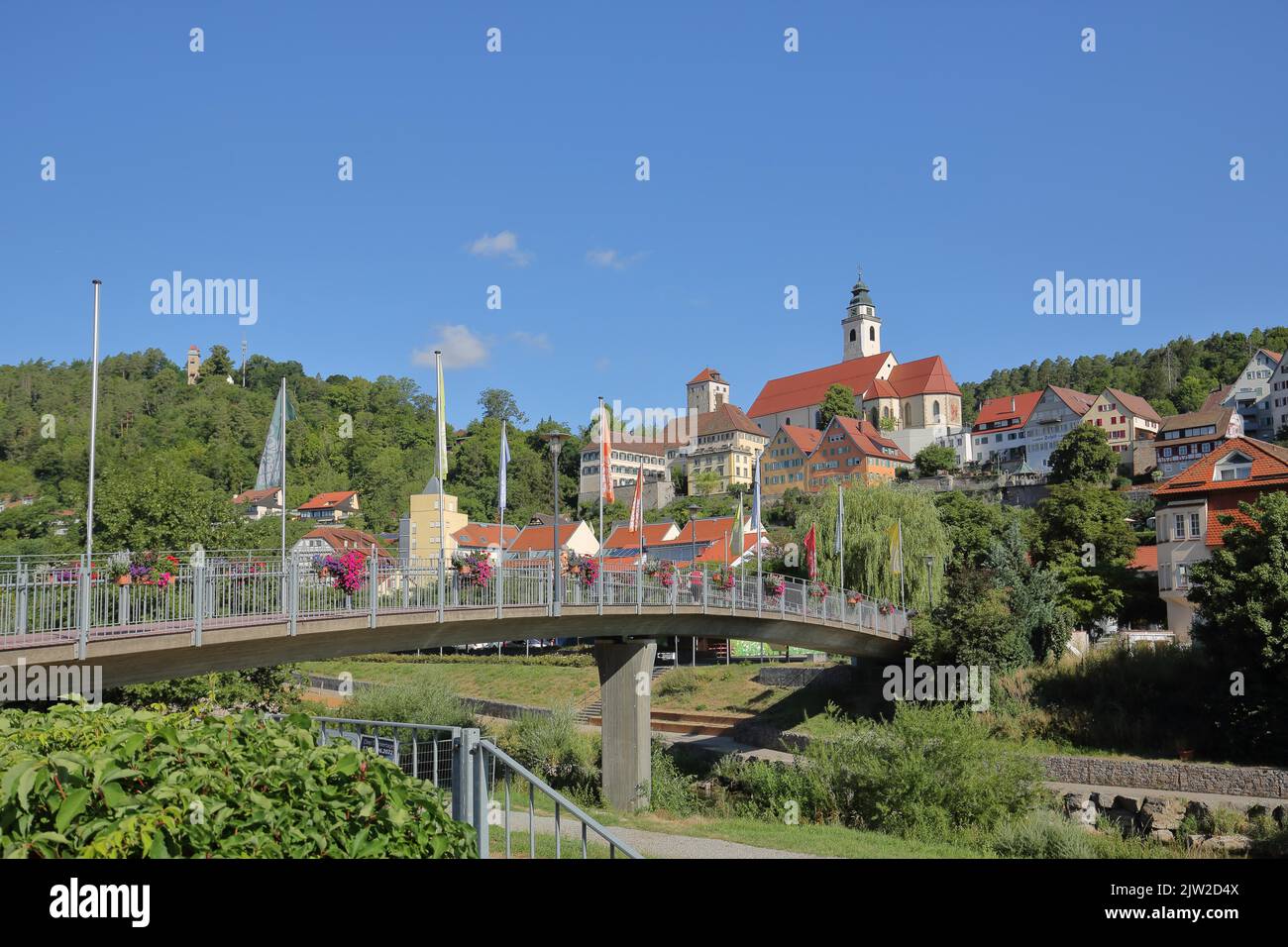 Townscape with raft footbridge in Horb am Neckar, Neckar Valley ...