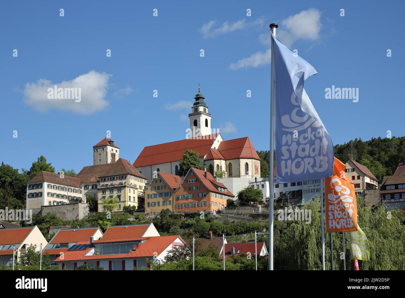 Flags at the rafter bridge and townscape with collegiate church and ...