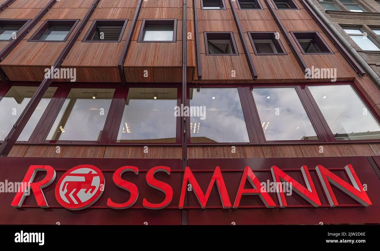 Lettering of the drugstore Rossmann above a branch shop, Bavaria ...