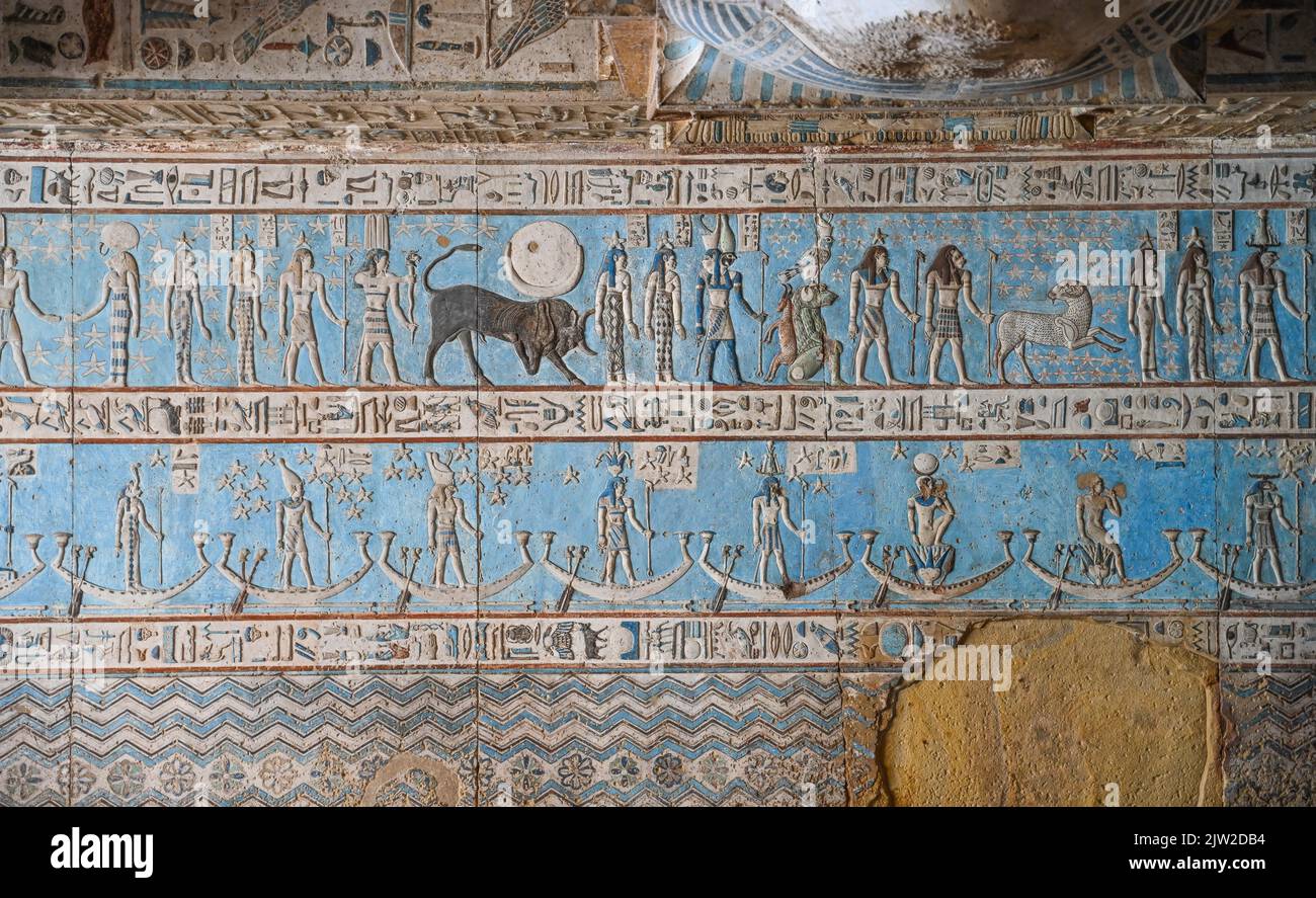 Ceiling relief, large Pronaos vestibule, Temple of Hathor, Dendera ...