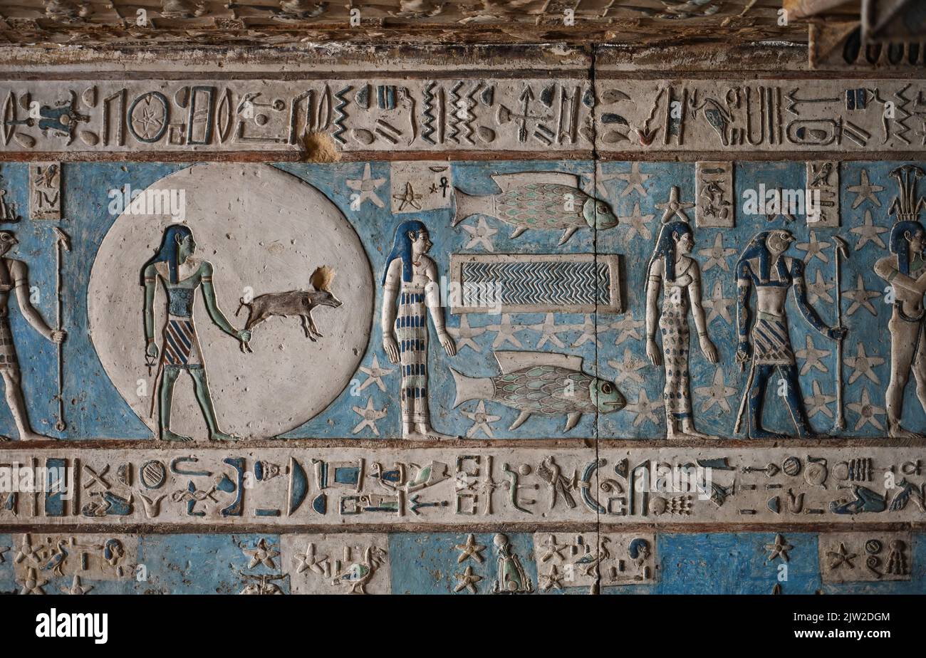 Ceiling relief, large Pronaos vestibule, Temple of Hathor, Dendera ...