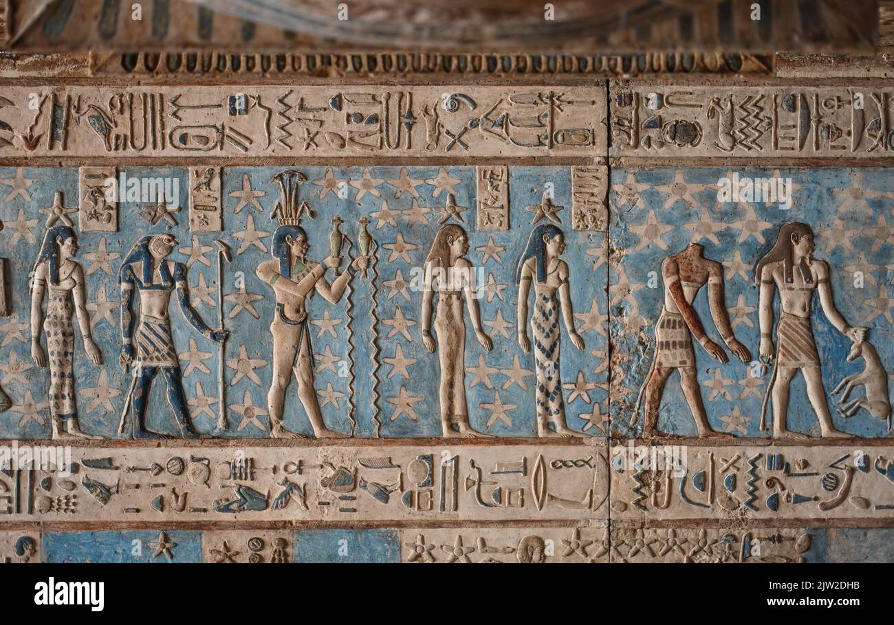 Ceiling relief, large Pronaos vestibule, Temple of Hathor, Dendera ...