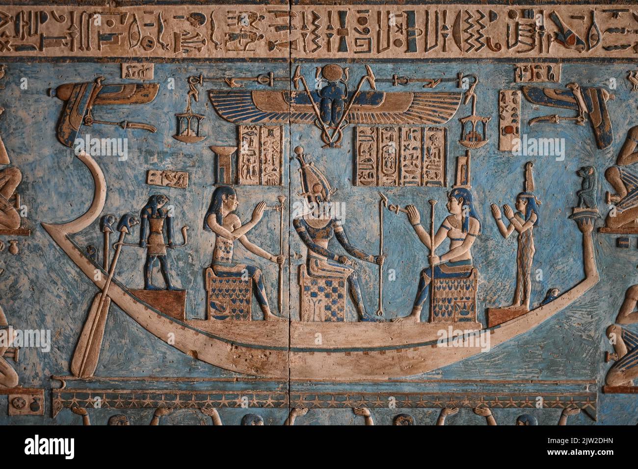 Nile barque, ceiling relief, large vestibule Pronaos, Temple of Hathor ...