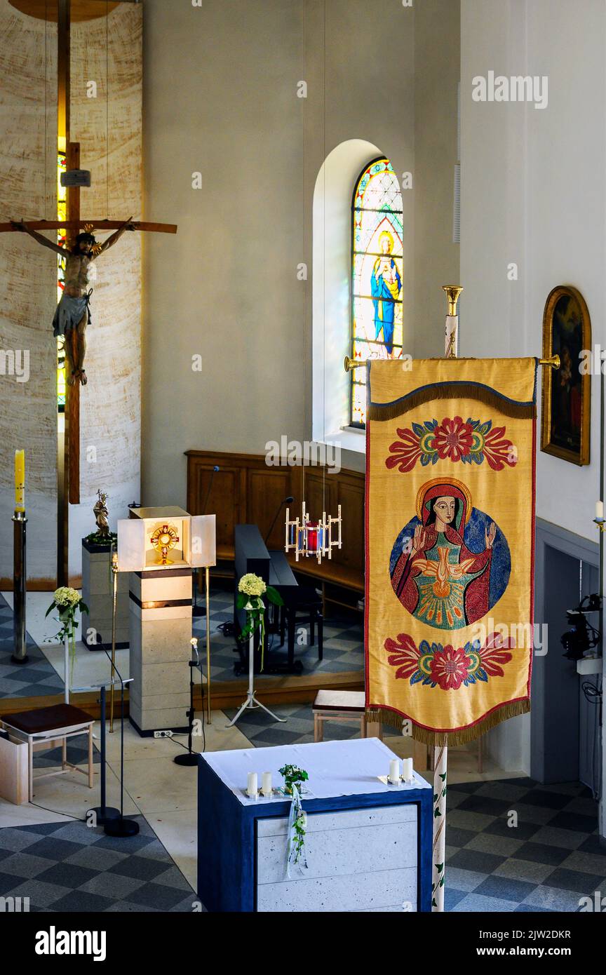 Main altar with tabernacle and flag, St. Anton parish church in ...
