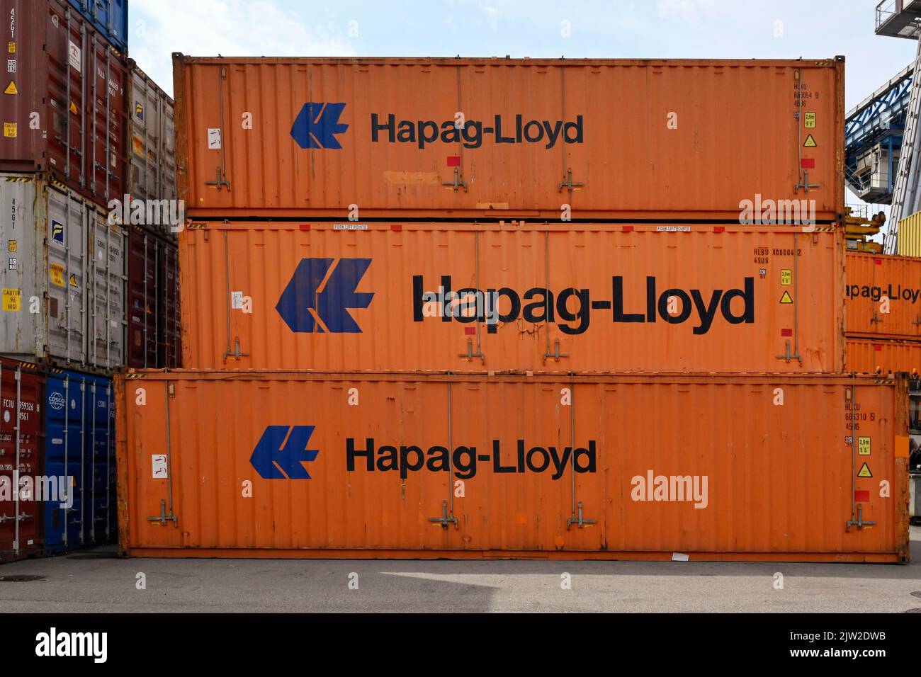 Stacked freight containers Hapag Lloyd Stock Photo - Alamy