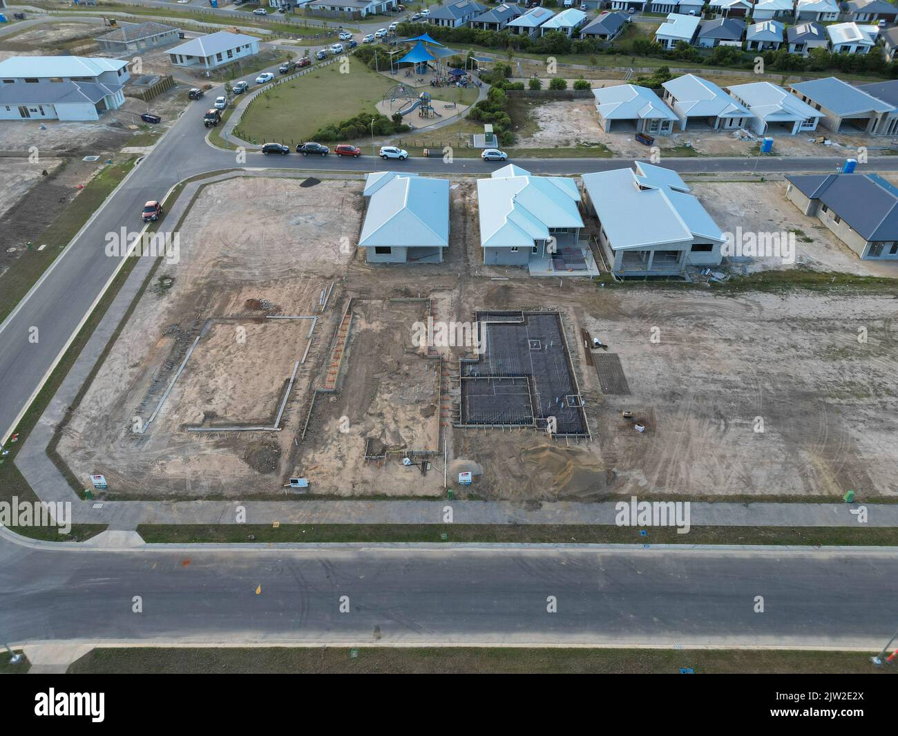 Aerial photo of construction site, new build houses at various stages ...