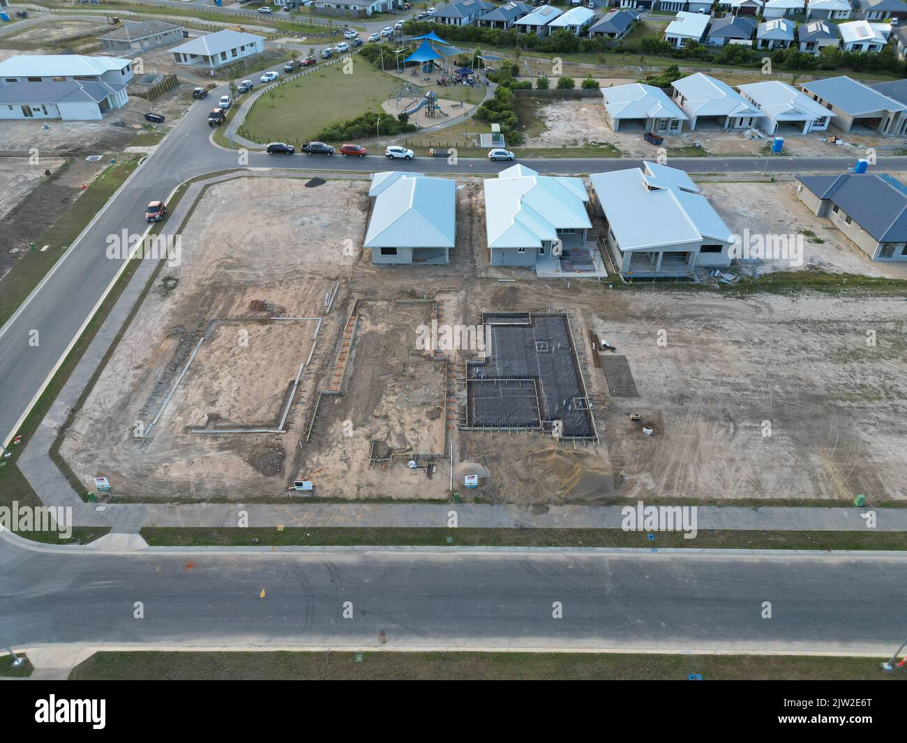 Aerial photo of construction site, new build houses at various stages ...