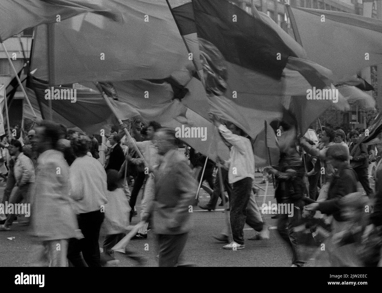 GDR, Berlin, 01. 05. 1987, 1. May rally 1987 on Karl-Marx-Allee, rain ...