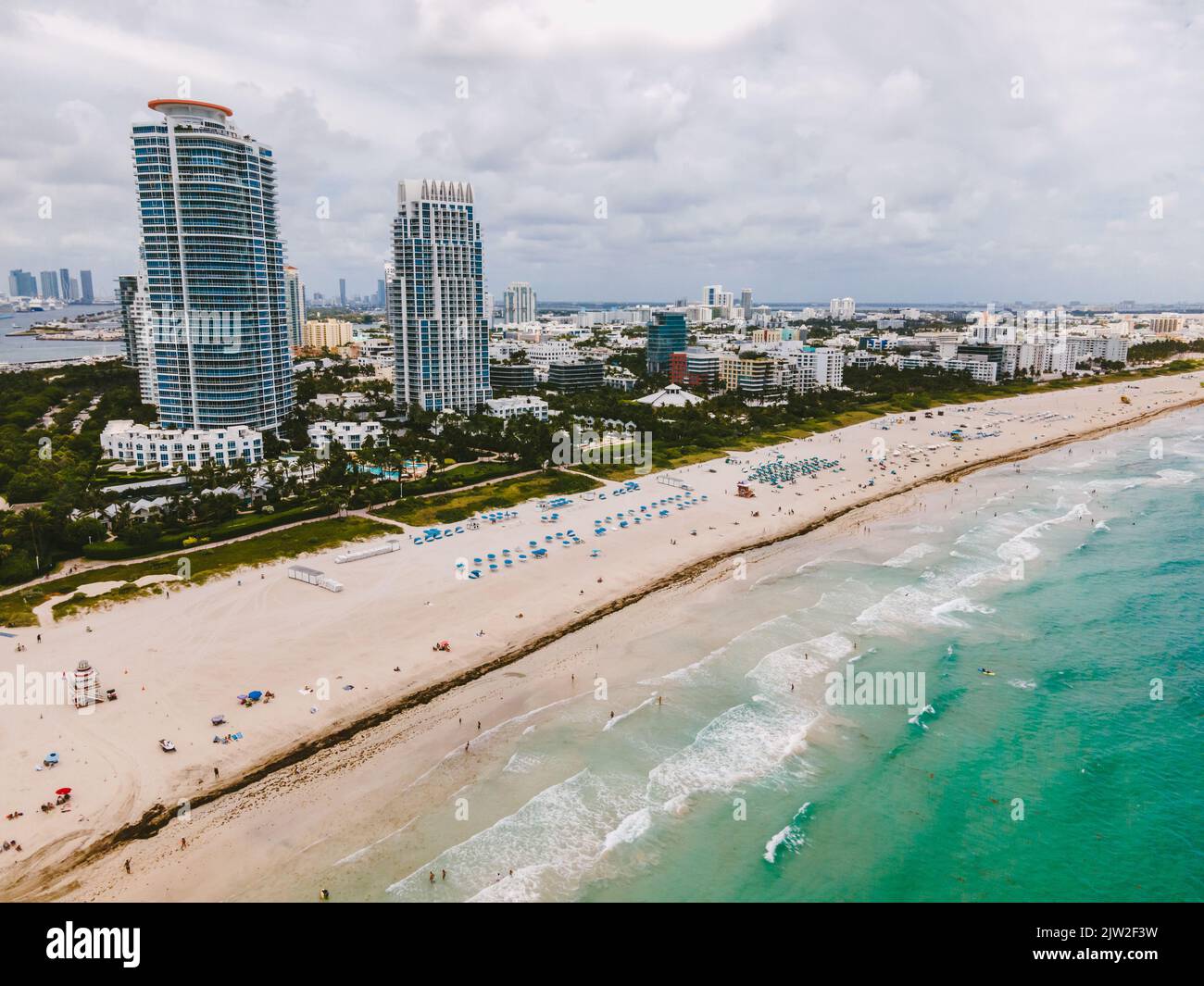Amazing drone view of modern skyscrapers and buildings located near ...