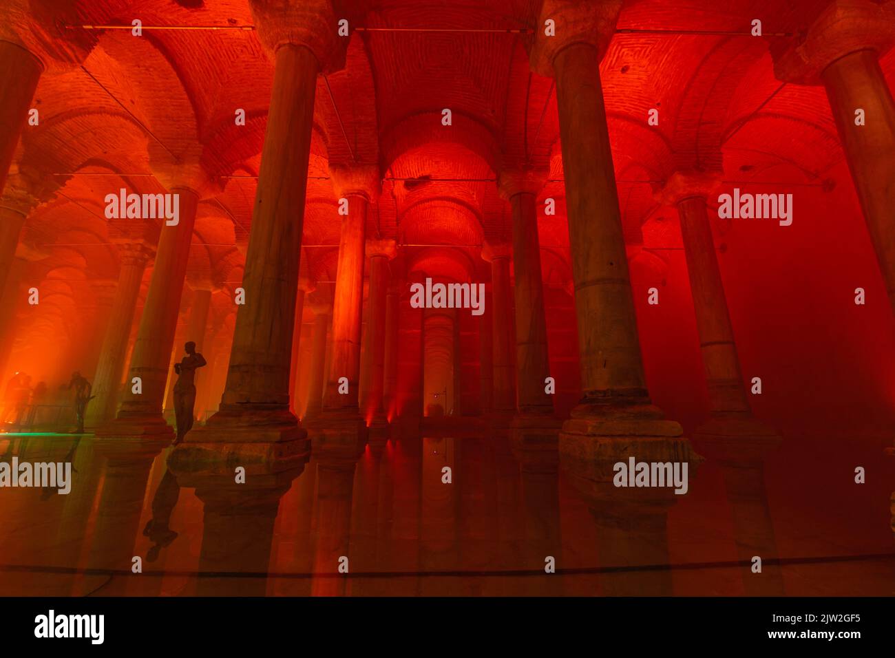 Interior of Basilica Cistern with red ambient light in low angle view ...