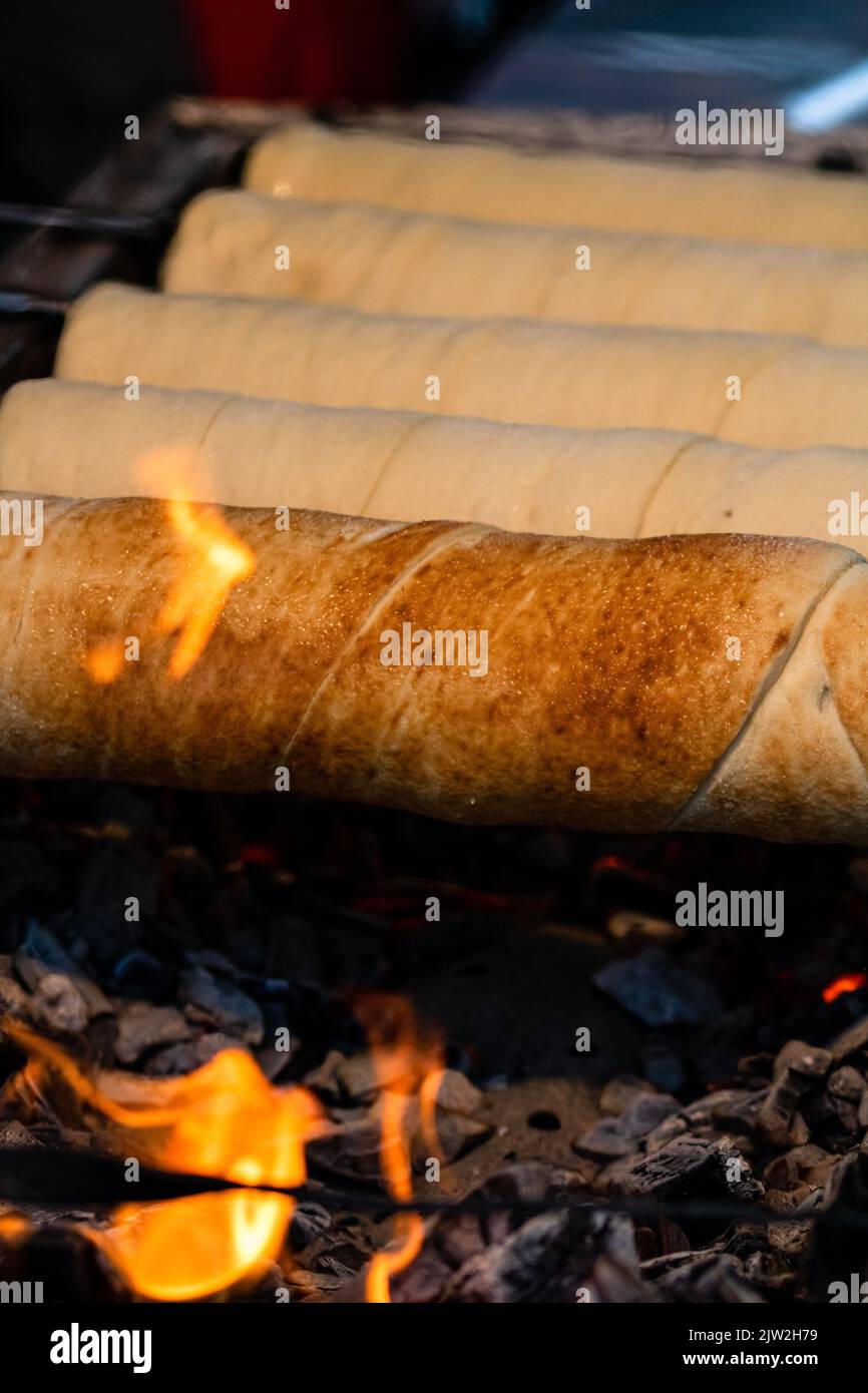Kurtos Kolacs (Kürtőskalács). Traditional Hungarian cake, baked with ...