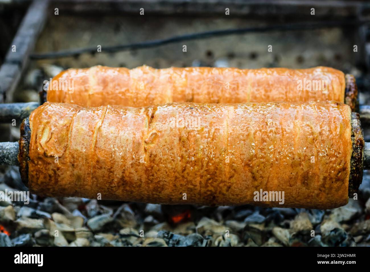 Kurtos Kolacs (Kürtőskalács). Traditional Hungarian cake, baked with ...