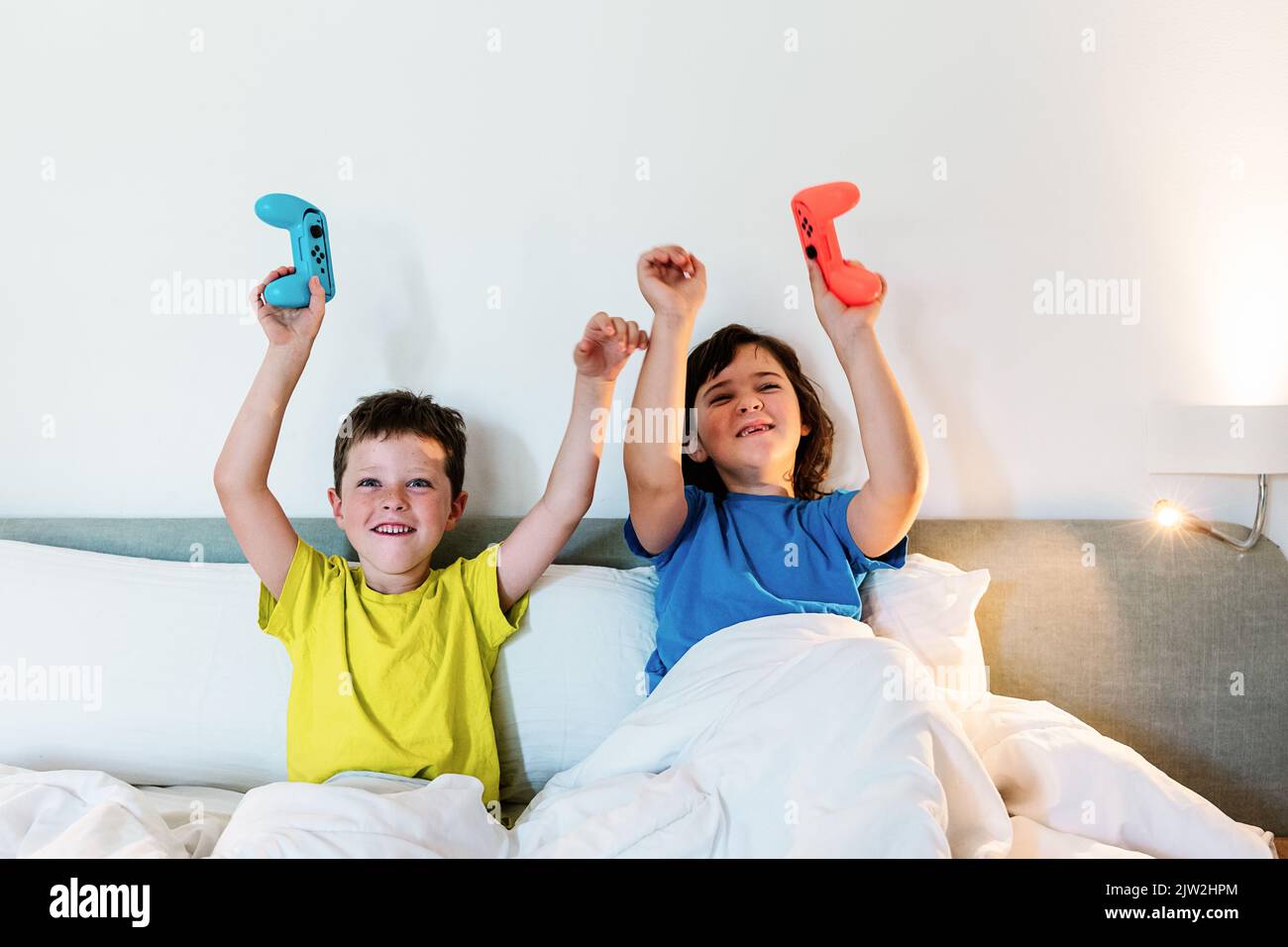 Content siblings raising arms with game pad in excitement while playing ...