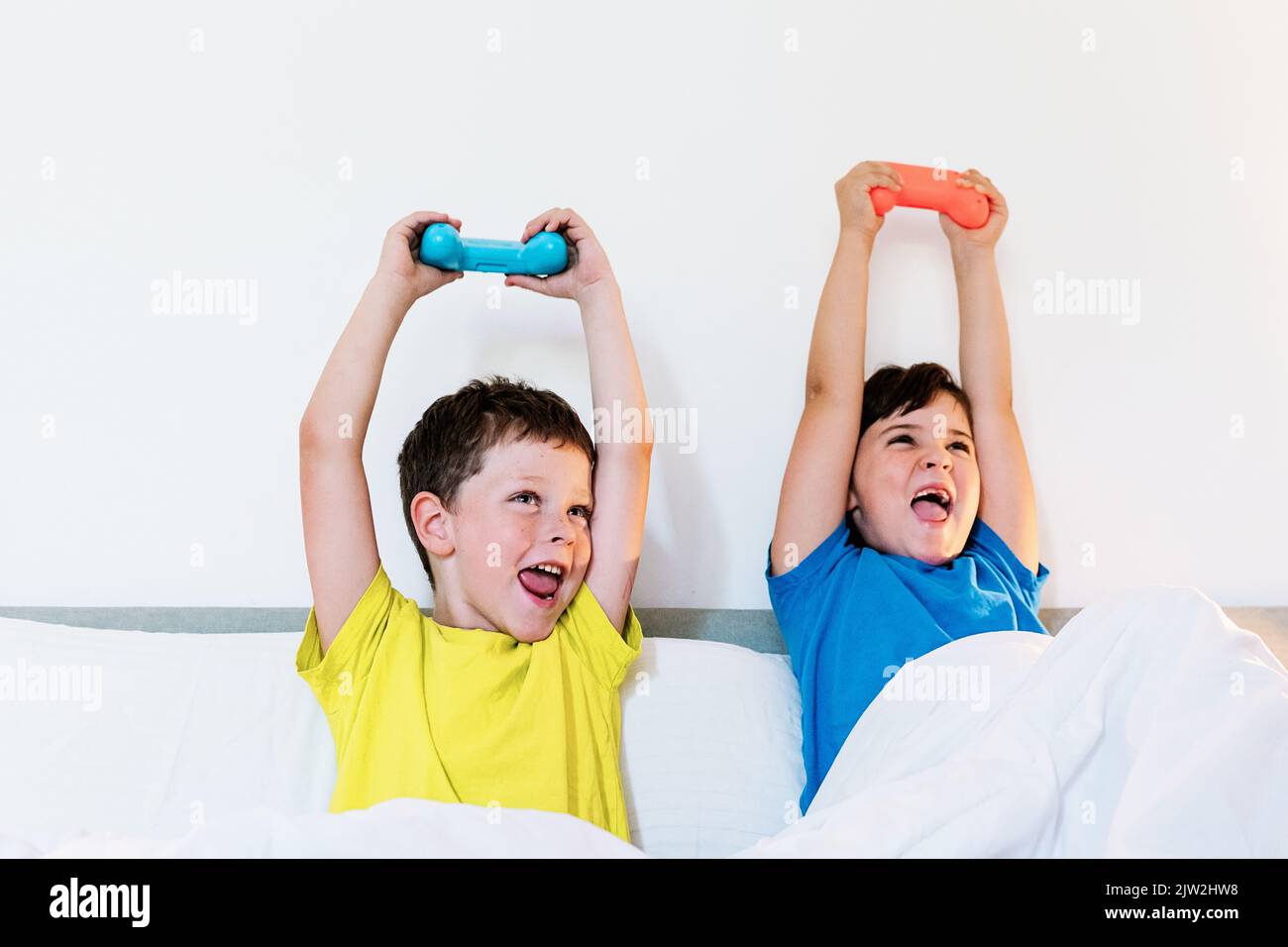 Content siblings raising arms with game pad in excitement while playing ...