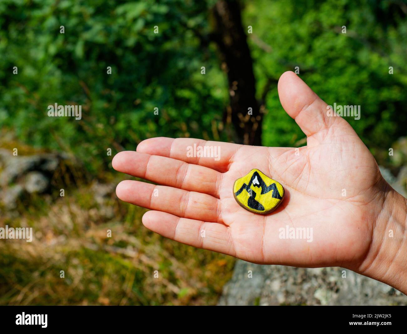 Hand palm holding chakra stone in heart shape with paint of mountains ...
