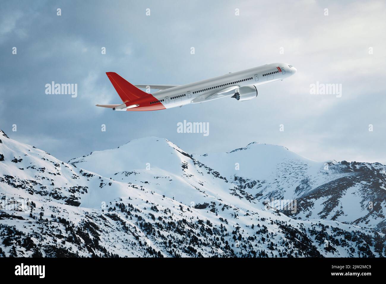 Side view of a commercial plane flying over the snowy mountains. Blend ...