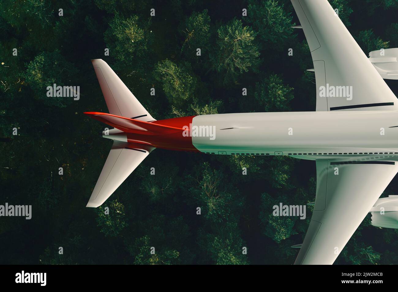 Top view of a commercial airplane flying over green forest at sunset ...