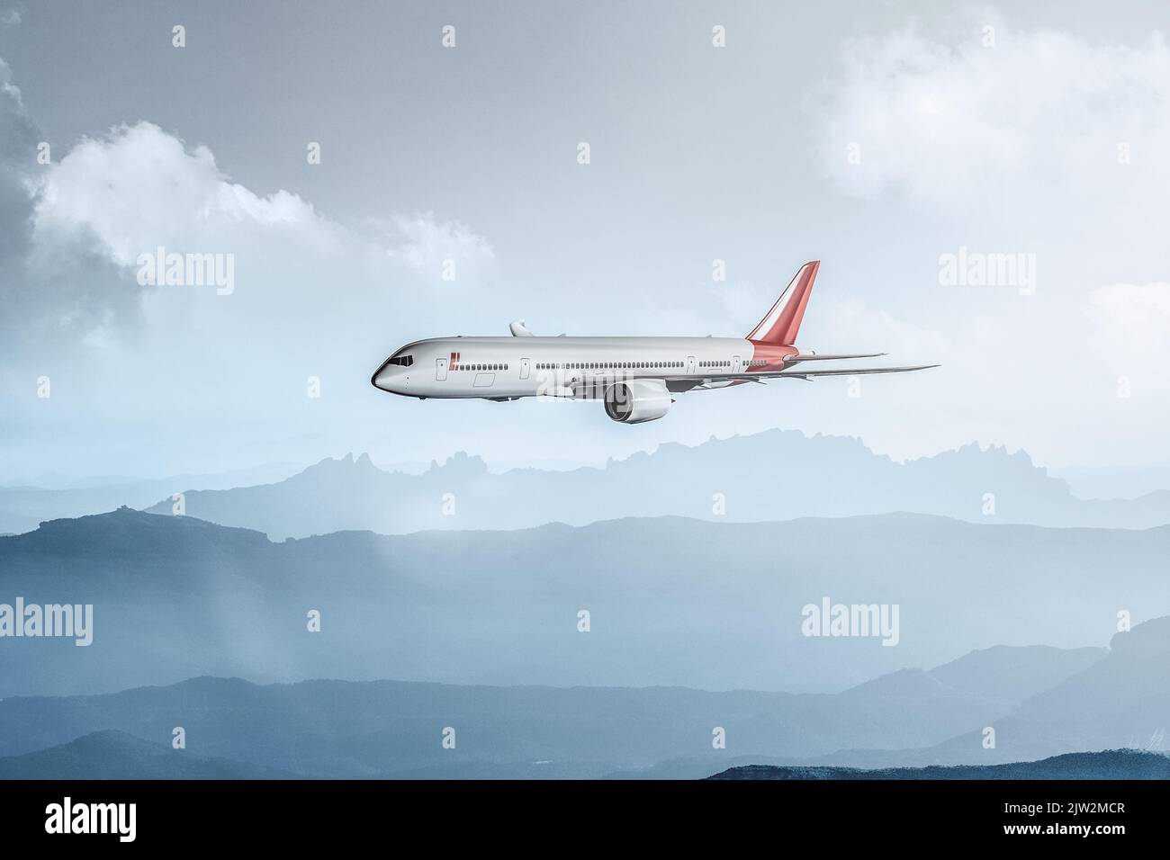 Side view of a commercial plane flying over the mountains. Blend of 3D ...