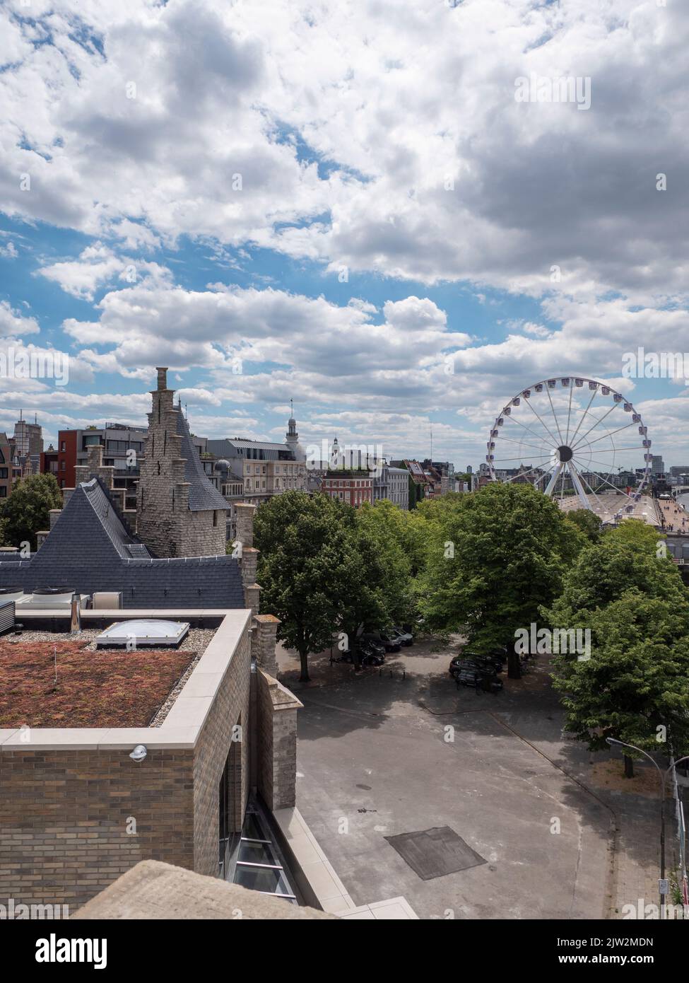 Overview of the Antwerp Steenplein with the Ferris wheel seen from ...