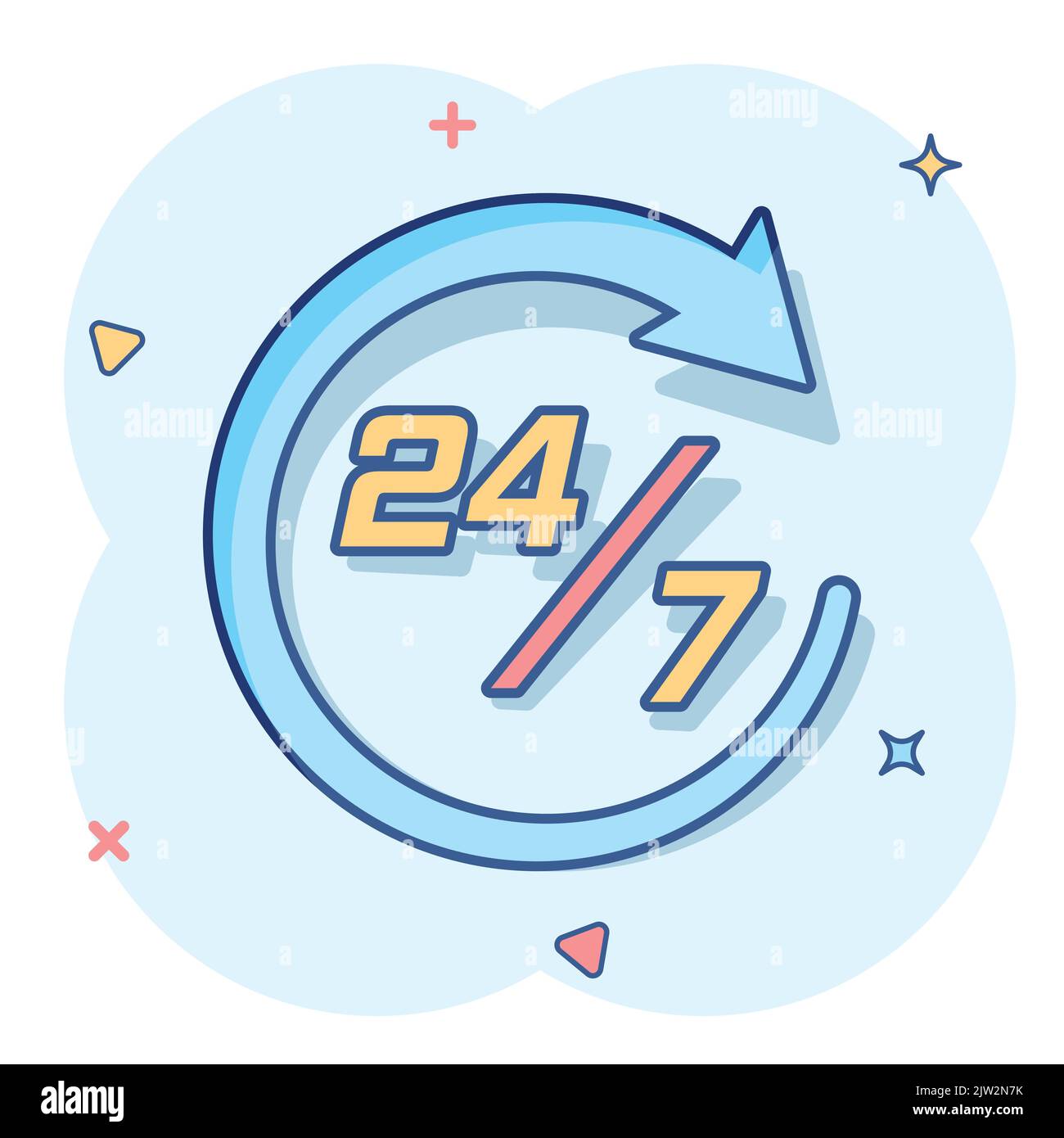 Vector cartoon twenty four hour clock icon in comic style. 24/7 service ...