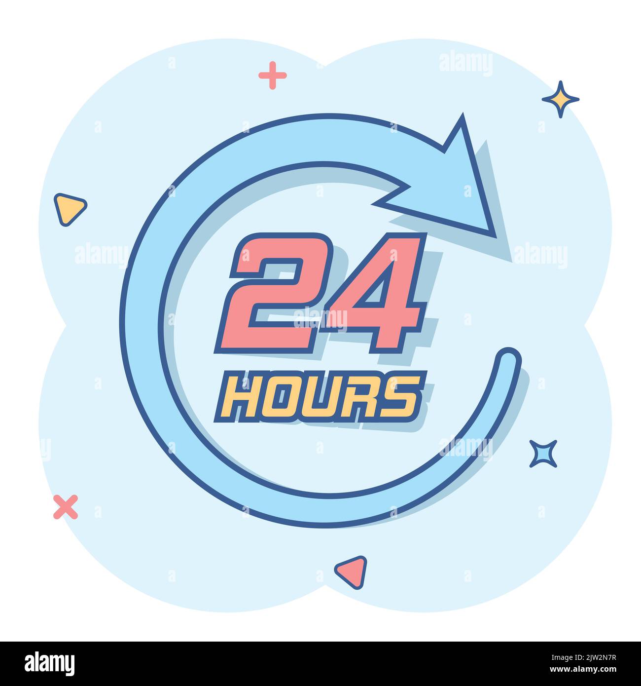 Vector cartoon twenty four hour clock icon in comic style. 24/7 service ...
