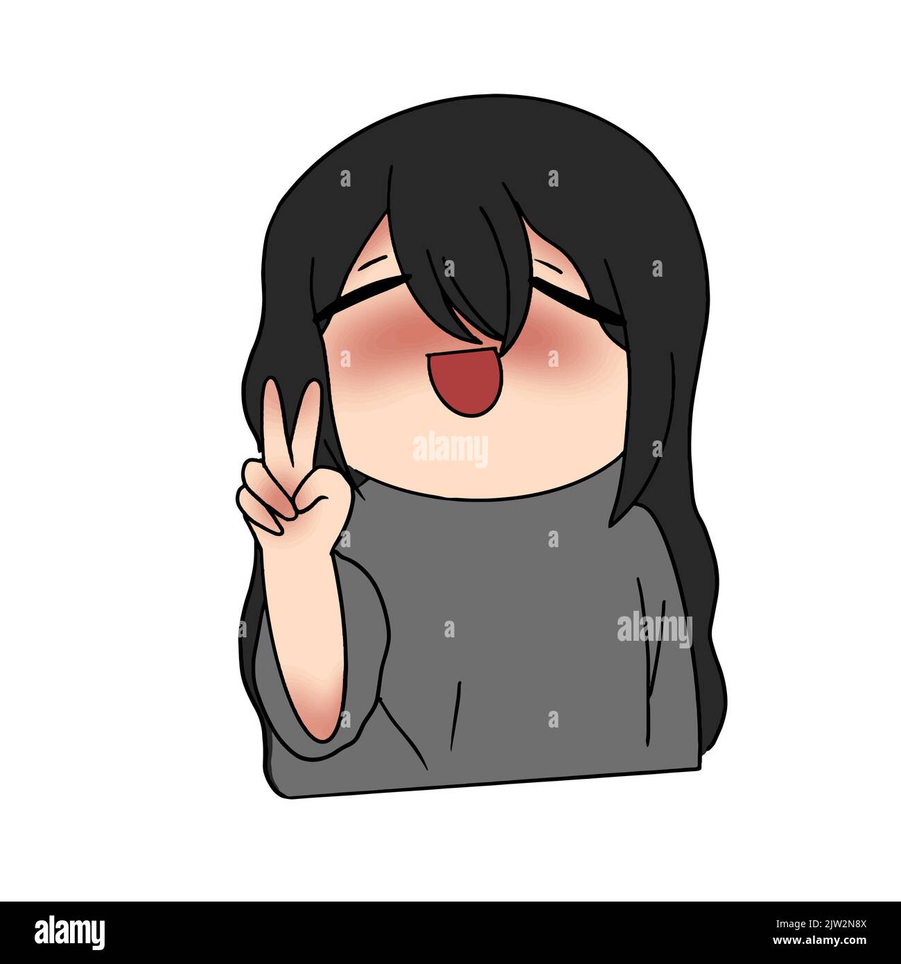cute anime girl in gray t shirt showing two fingers anime illustration ...