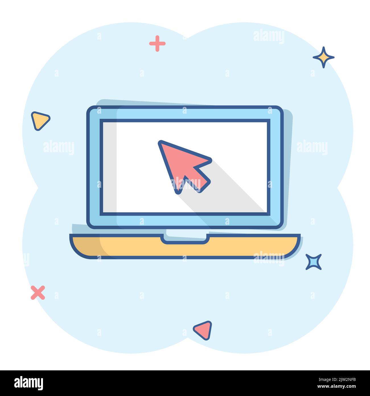 Vector cartoon laptop notebook with mouse cursor icon in comic style. Laptop screen illustration ...