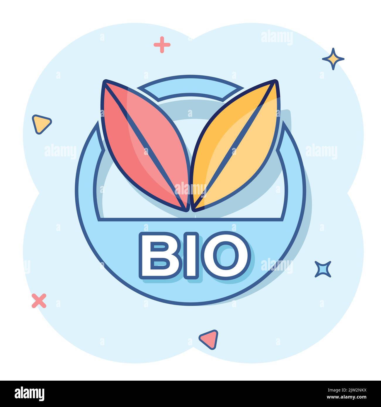 Vector cartoon bio label badge icon in comic style. Eco organic product ...