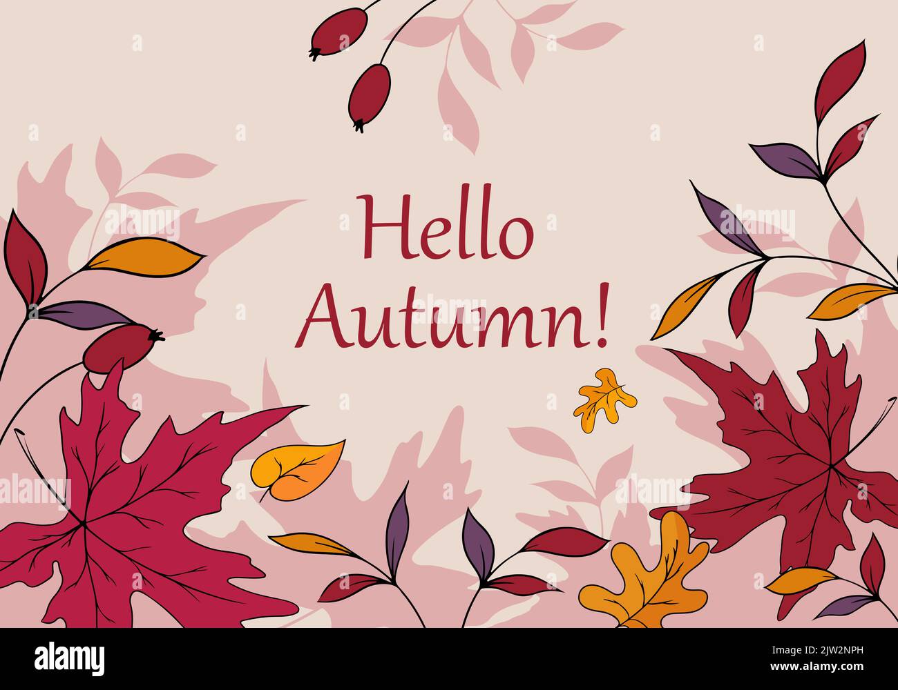 lettering hello autumn oak and maple leaves berries and twigs with ...