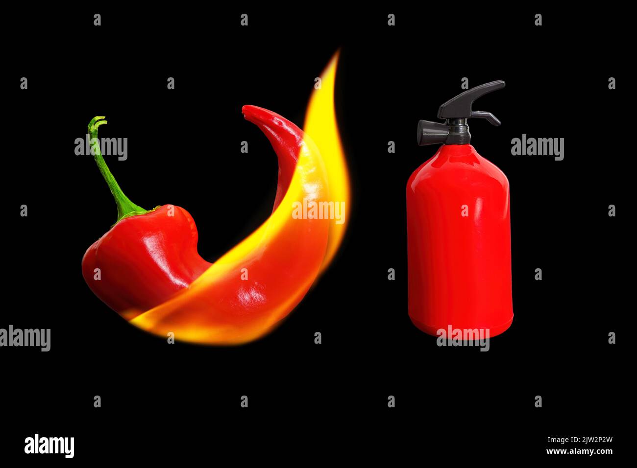 Burning red chili pepper and toy fire extinguisher isolated on black ...